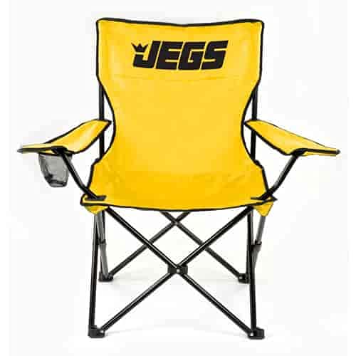 JEGS Folding Chair | Yellow Canvas with Black Logo | Black Powder Coated Frame | Capacity 250 LBS | Total Height 36” | Includes Mesh Cup Holder and Storage Bag with Strap