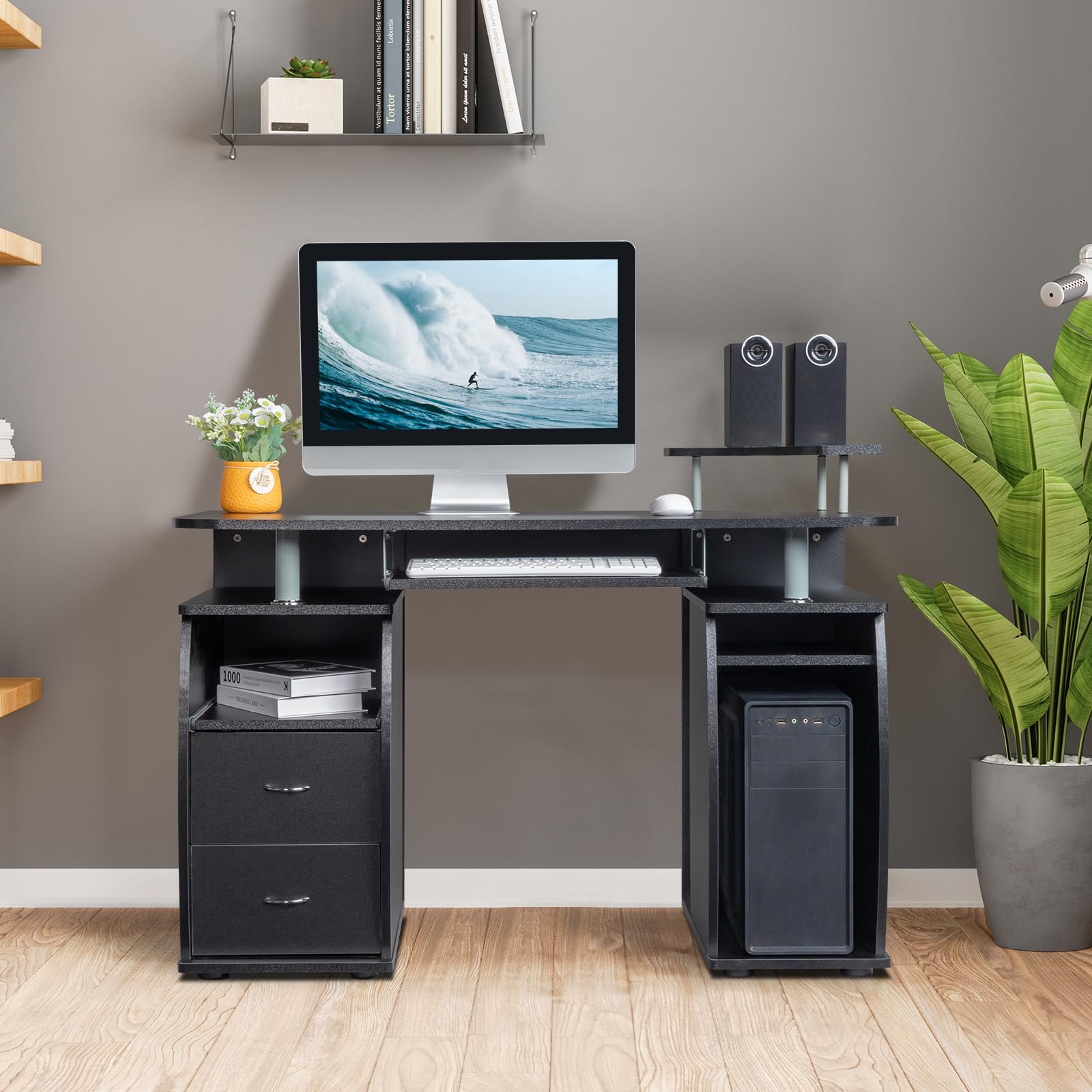 Karl home Computer Desk with 2 Drawers, Wooden Home Office Desk Writing Study Desk with Open Shelves and Keyboard Tray Black