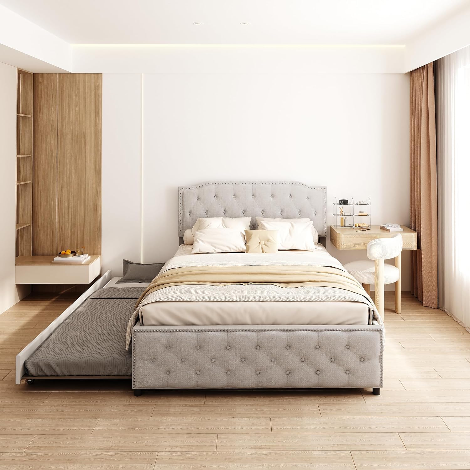 UOCFYK Upholstered Queen Size Platform Bed with Trundle & 2 Storage Drawers,Solid Wood Bedframe w/Headboard/Wood Slat Support, Easy to Assemble, No Box Spring Needed, Beige