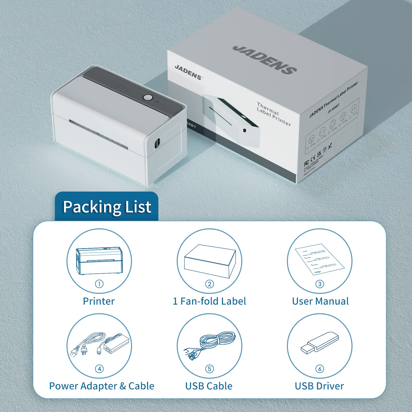 JADENS Bluetooth Thermal Label Printer -Wireless Shipping Label Printer for Small Businesses & Package, USPS, Etsy, Amazon, Compatible with iPhone, Windows, Android, 4x6, Label Maker, White