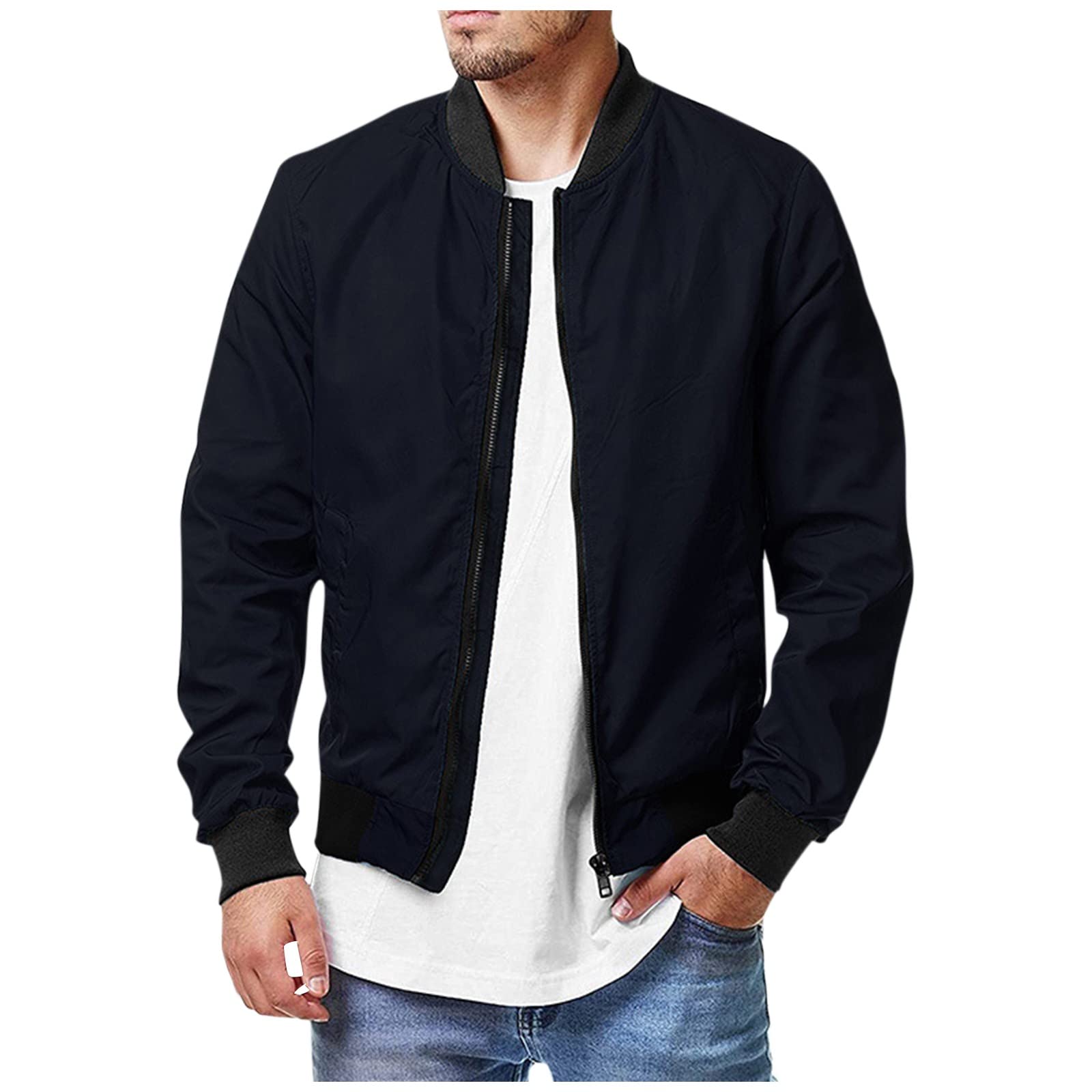 Men's Jacket Lightweight Windbreaker Bomber Jacket Windproof Casual Zip Flight Jacket with Pockets Large