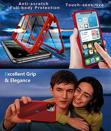 UBUNU iPhone 13 Case with Screen Protector [Built-in 9H Hard Tempered Glass], for Magsafe 360 Full Body Protection, Clear Protective iPhone 13 Phone Case Cover for Men Women 6.1 inch, Red