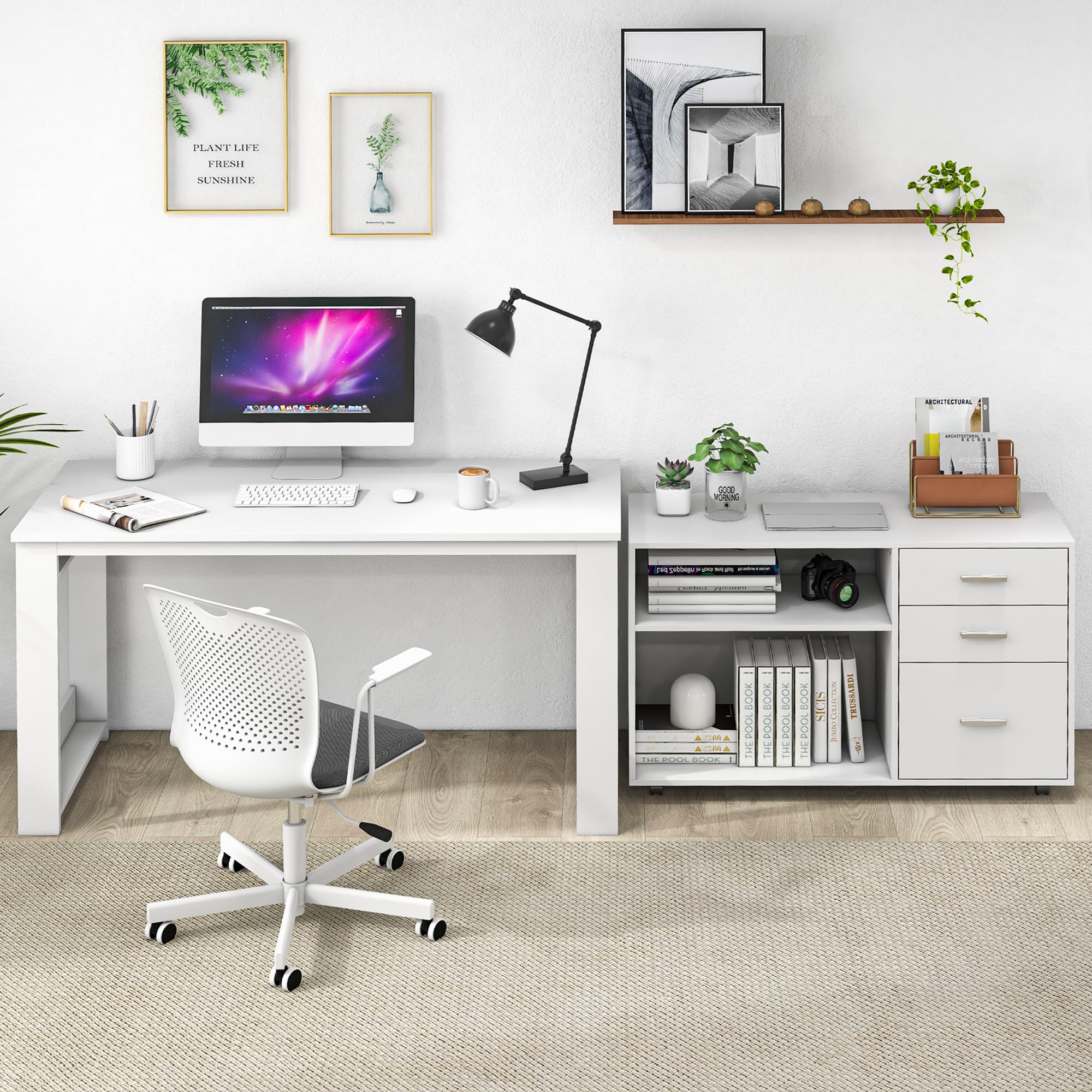 IdeaKey White L Shaped Desk with Drawers, Corner Desk with 3 Drawers and 2 Open Shelves, Computer Desk with Storage File Cabinet, Executive Desk for Home Office Workstation, Bedroom, 55 inch