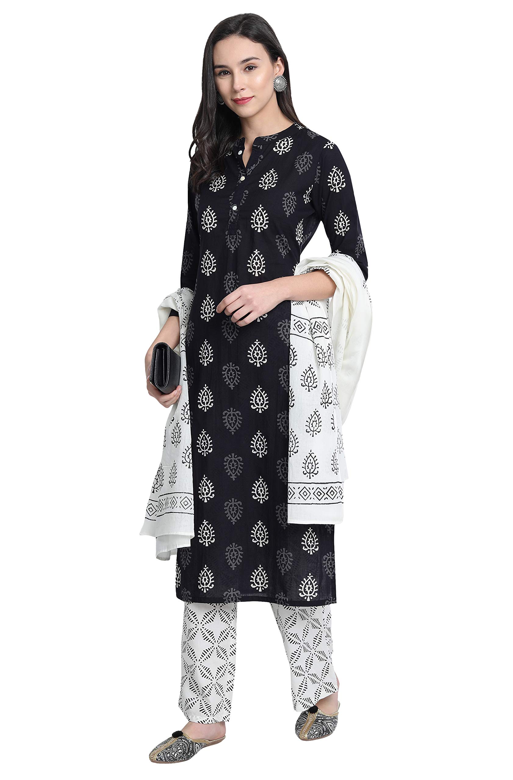 Janasya Indian Women's Black Cotton Kurta With Palazzo and Dupatta