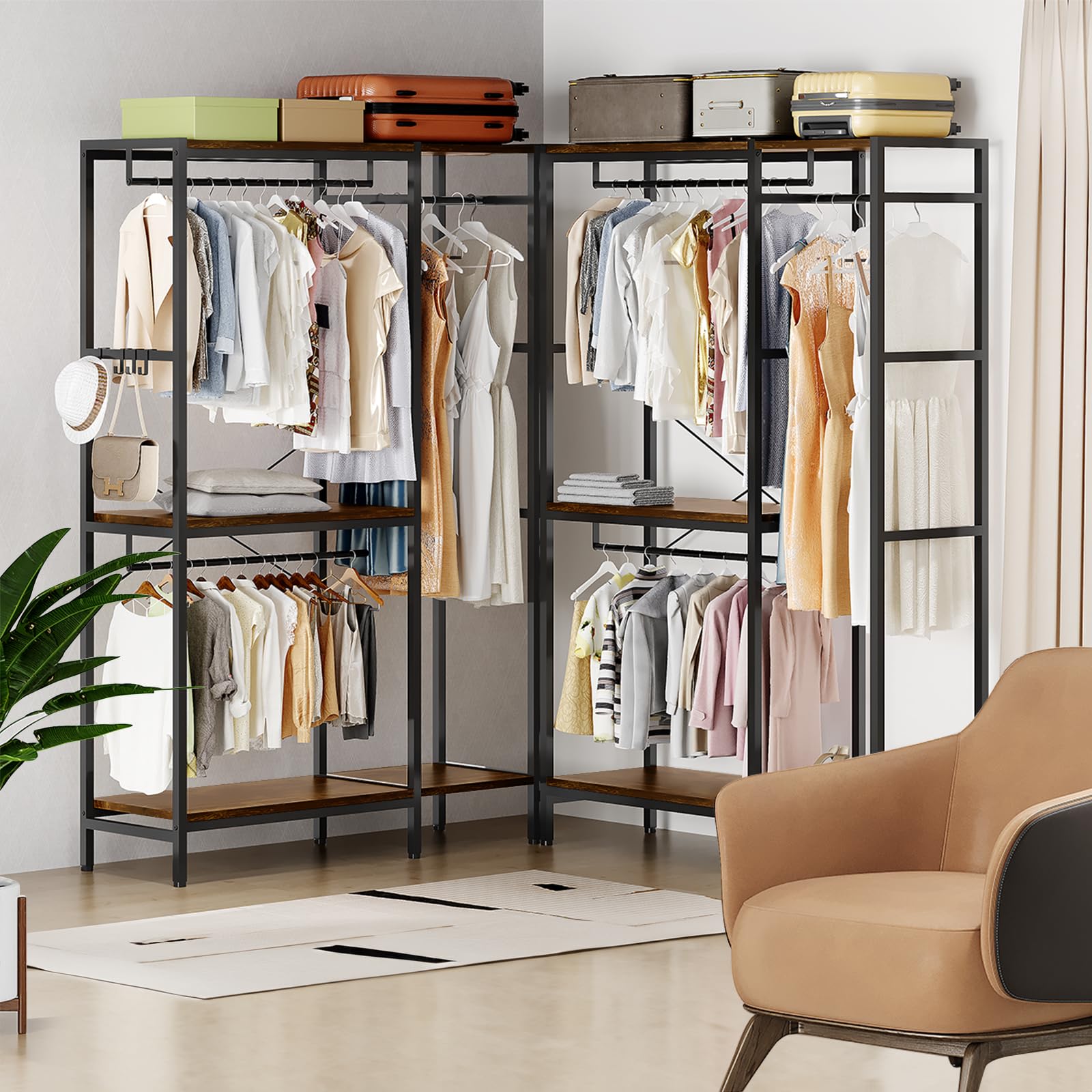 ZERDER Clothes Rack, Heavy Duty Garment Rack for Clothes, Clothing Racks with Shelves and 4 Side Hooks, Freestanding Metal Wooden Closet Organizer (Rustic Brown)