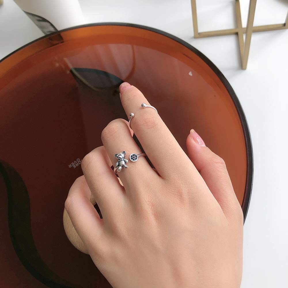 Lovely Bear Sterling Silver 925 Open Stacking Rings for Women Vintage Antique Black CZ Crystal Eternity Engagement Statement Ring Finger Band Cute Jewelry Adjustable