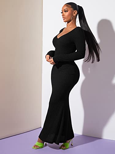 Verdusa Women's Deep V Neck Long Sleeve Ribbed Knit Fishtail Maxi Bodycon Sweater Dress Black XS