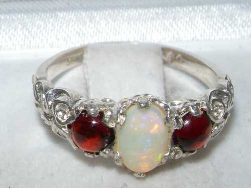 LetsBuyGold Ladies Solid Sterling Silver Natural Opal & Garnet English Victorian Trilogy Ring - Size 4.75