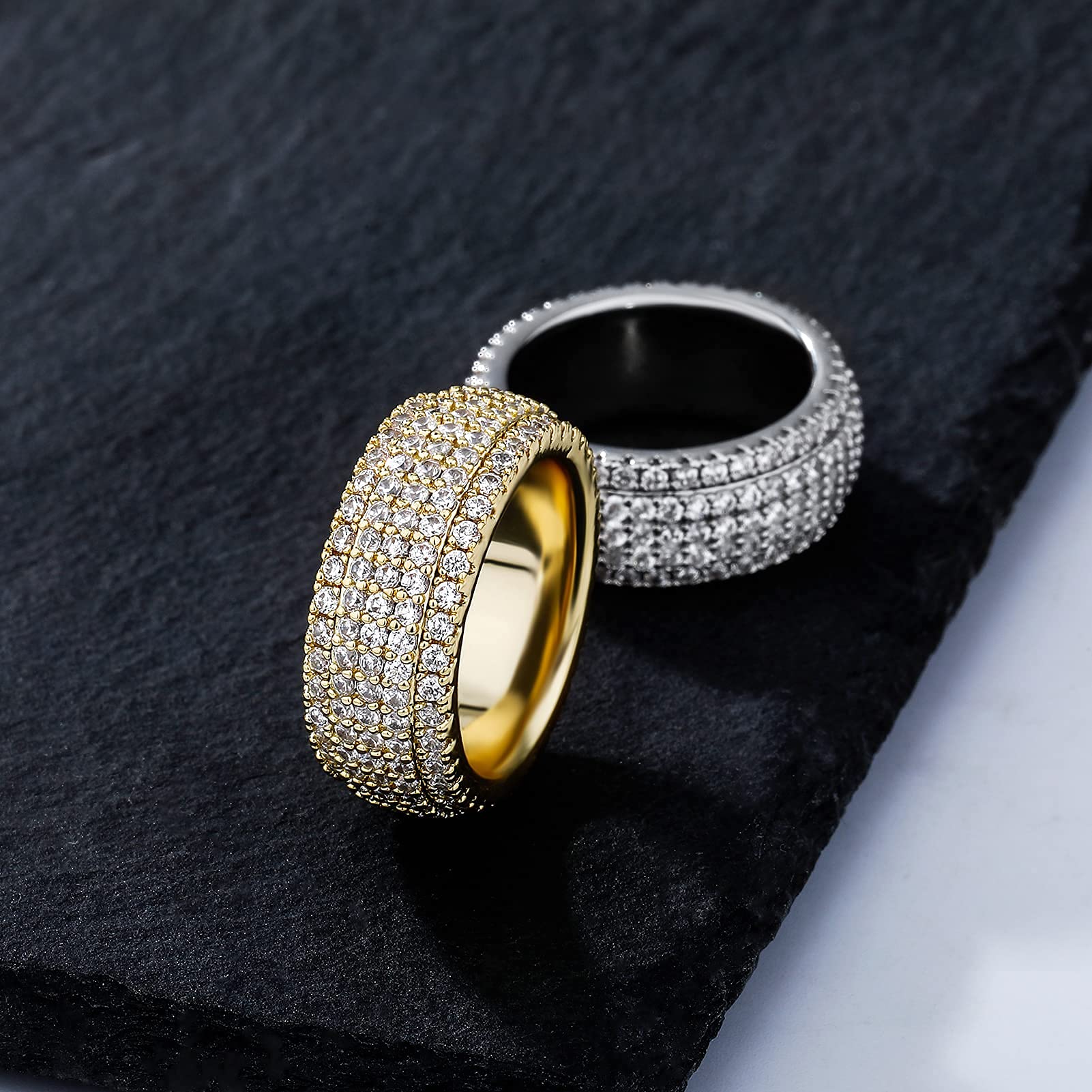 JINAO 9mm 5Rows 14K Gold Plated Iced Out Lab Simulated Diamond Cubic Zirconia Eternity Wedding Band Ring for Men Women (White Gold, 9)