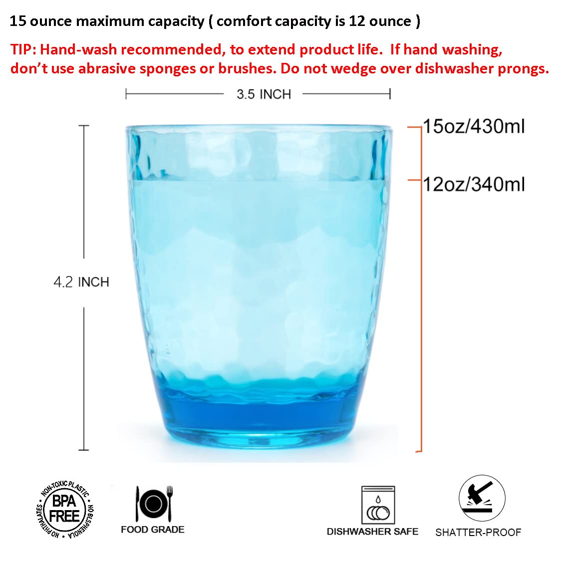 KOXIN-KARLU Hammered 15-ounce Plastic Tumbler Acrylic Glasses, set of 6 Multicolor