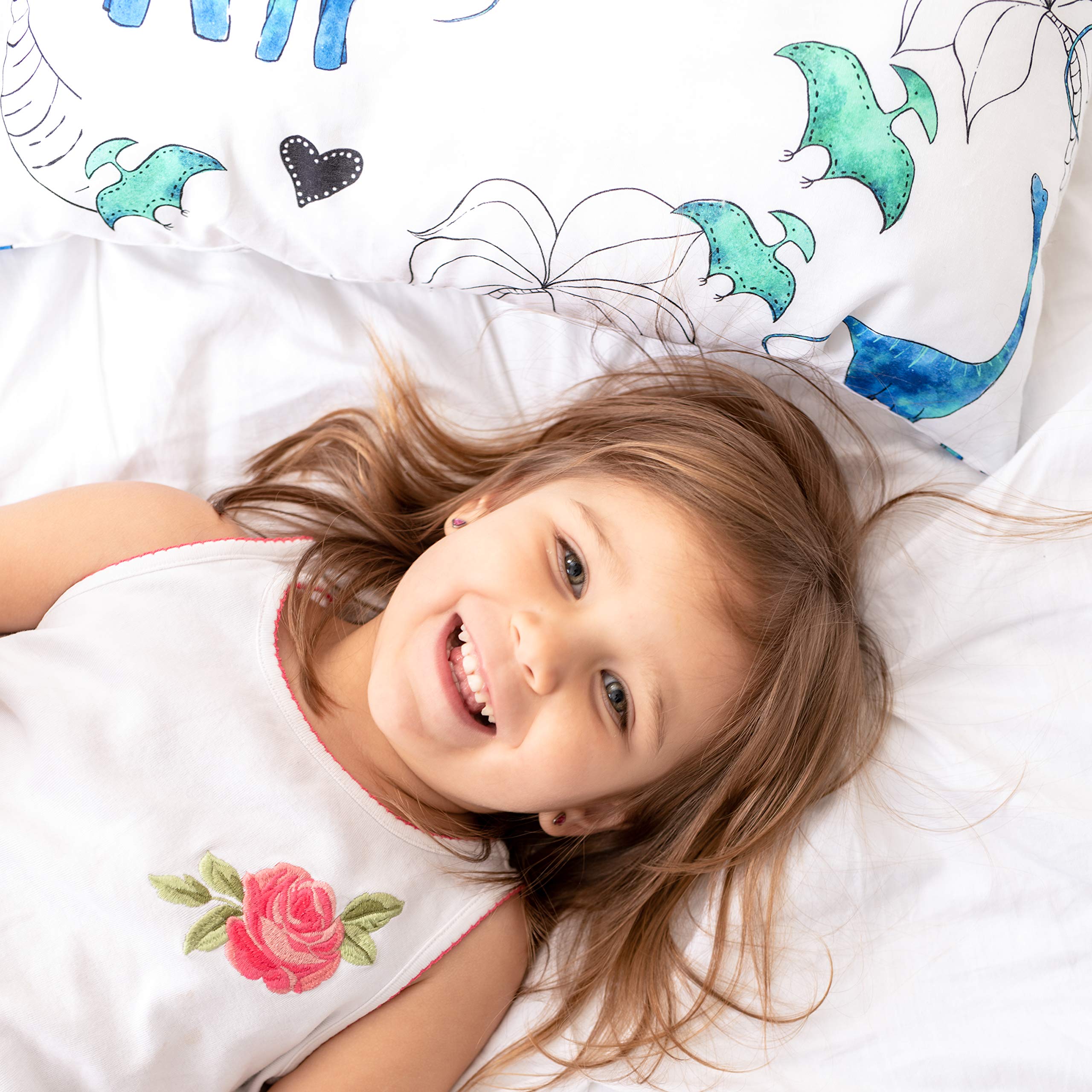 JumpOff Jo β Toddler Pillow for Kids, No Pillowcase Needed, Kids Travel Pillow, 100% Cotton Cover, Hypoallergenic, Machine Washable β 14βx19 (Dinosaur)