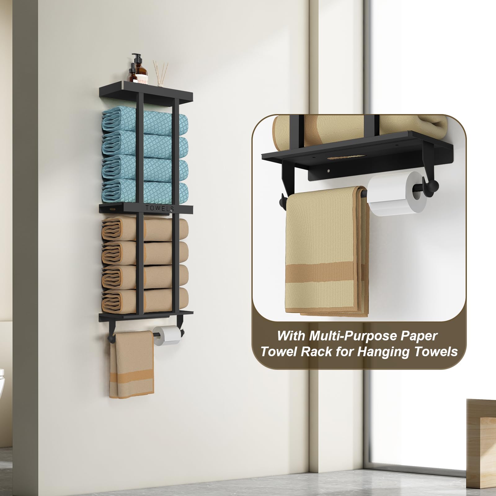 XWF Bathroom Towel Storage Rack,Wall Mounted Metal Bathroom Organizer,Wall Mounted Roll Towel Rack 30-Inch with Shelf for 6 Large Towels (Black)