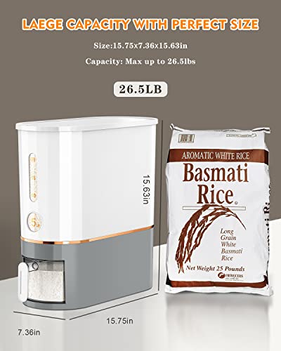 VenDotbi 26.5 Lbs Rice Dispenser, Rice Container with Measuring Cup, Large Capacity Food Storage Container with Lid, Food Dispenser Kitchen Organization for Home Kitchen Pantry Rice Soybean Corn