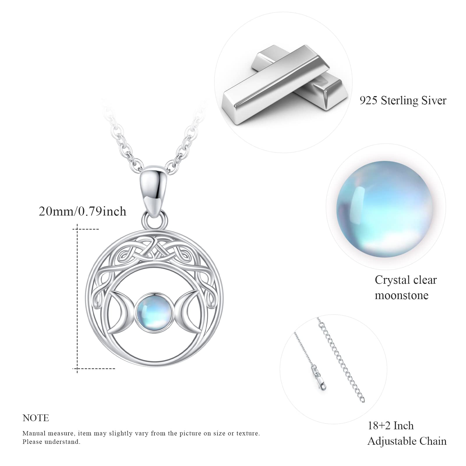 OHAYOO Triple Moon Goddess Necklace 925 Sterling Silver Celtic Moonstone Pendant Necklace Triple Moon Goddess Jewelry for Women