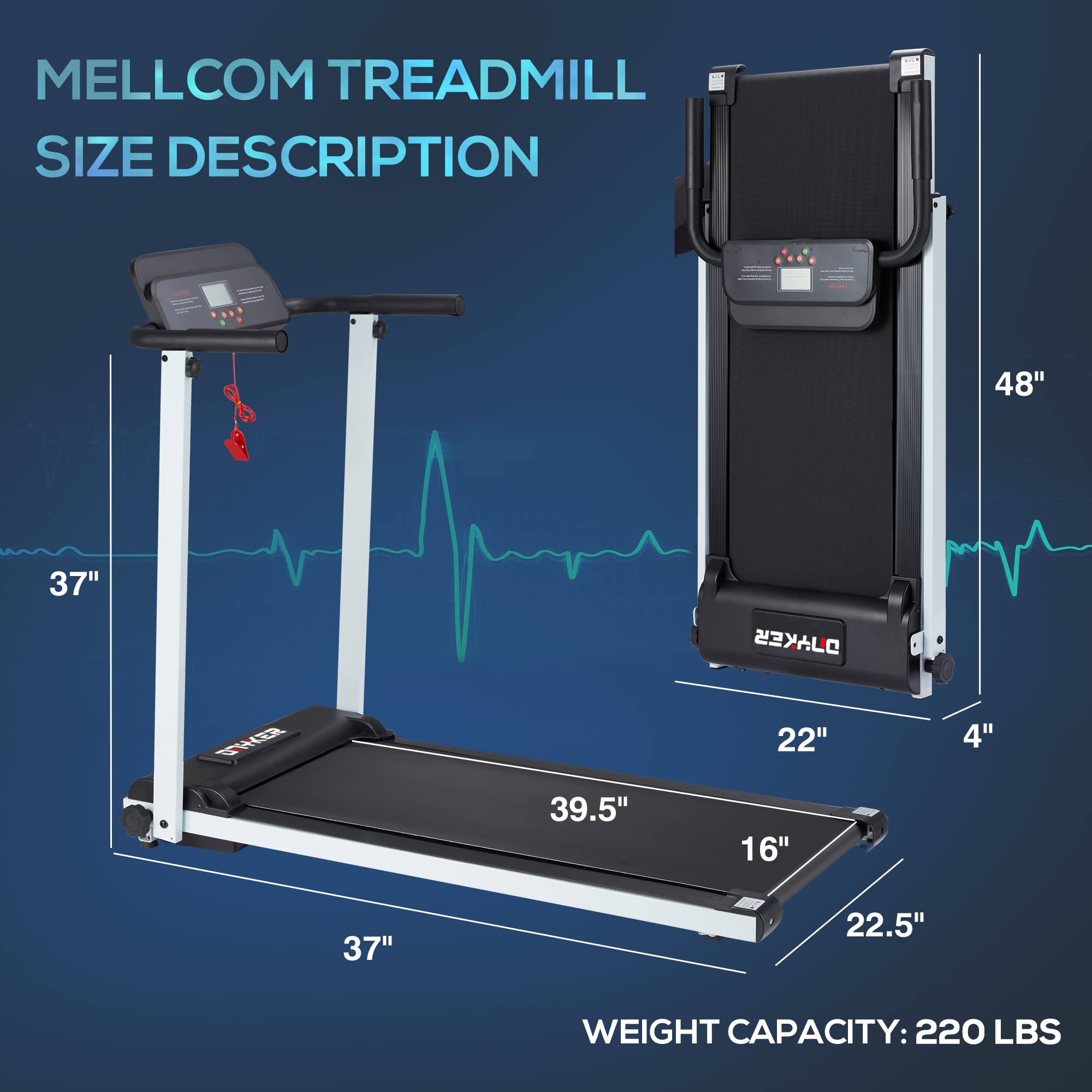 MELLCOM Folding Treadmill, 2.0HP Under Desk Electric Treadmill with LCD Display & Auto Stop Safety Function, 220lbs Capacity Installation-Free Black Treadmill Home for Gym Running Jogging Walking