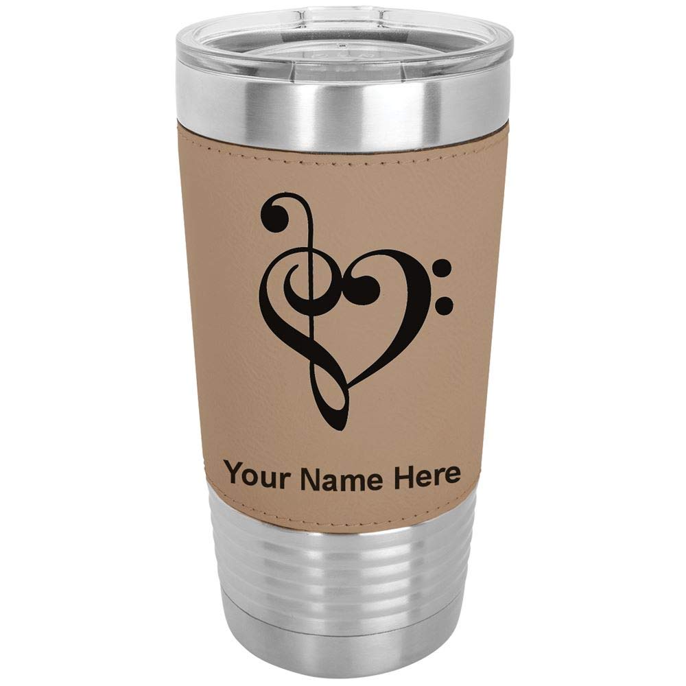 LaserGram 20oz Vacuum Insulated Tumbler Mug, Music Heart, Personalized Engraving Included (Faux Leather, Light Brown)