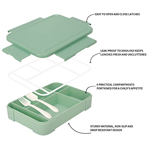 Vensp Bentobox,Kid Lunch Box, Bento Box Adult Lunch Box,Lunch Box Container for Kids/Adults/Toddler,1330ml-6 Compartments&Utensiles, Leak Proof,Microwave/Dishwasher/Refrigerator Safe(Green)