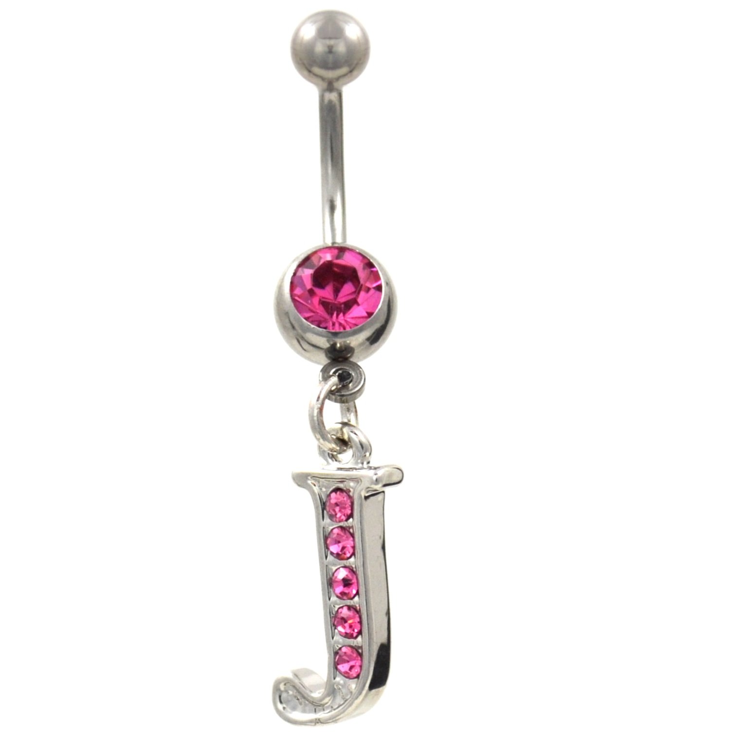 Initial Letter J Pink Gem Decorated Belly Button Ring