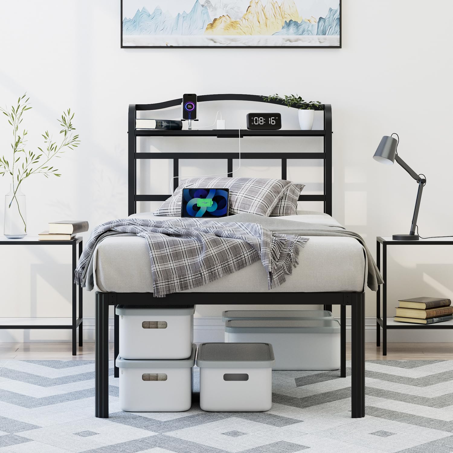 YORMDMO Twin Bed Frame - Storage Headboard with Charging Station, Easy Assembly, Heavy Duty Metal Bed Frame, No Box Spring Needed, 18 Inch, Black