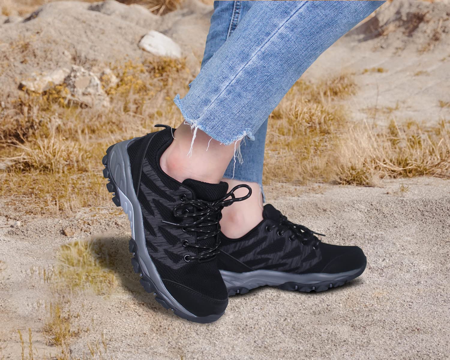 JABASIC Women Outdoor Hiking Shoes Lightweight Knit Sneakers (7,Black/Grey-1)