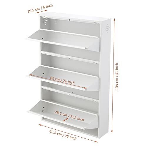 SPACEROCK 3 Drawers Shoe Storage Cabinet Wall Mounted & No-Assembly 25“ Metal Shoe Cabinet for Entryway, Hallway, and Corridor, Holds 12 Pair Shoes, White