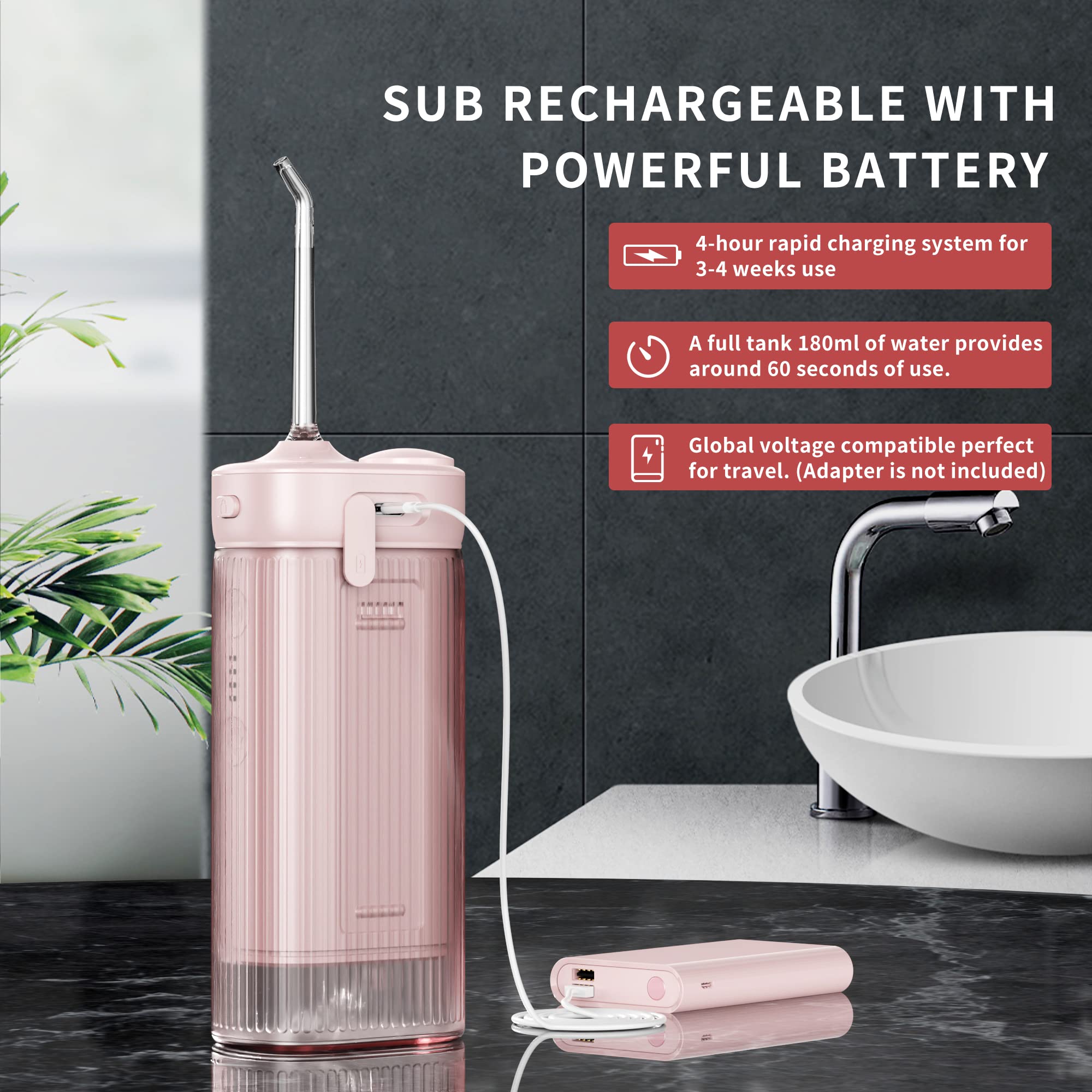 Portable Water Flosser, Mini Cordless Oral Irrigator, Power Dental Flosser with Detachable Water Tank IPX7 Waterproof, 3 Adjustable Modes Comes with Storage Bag(Pink)