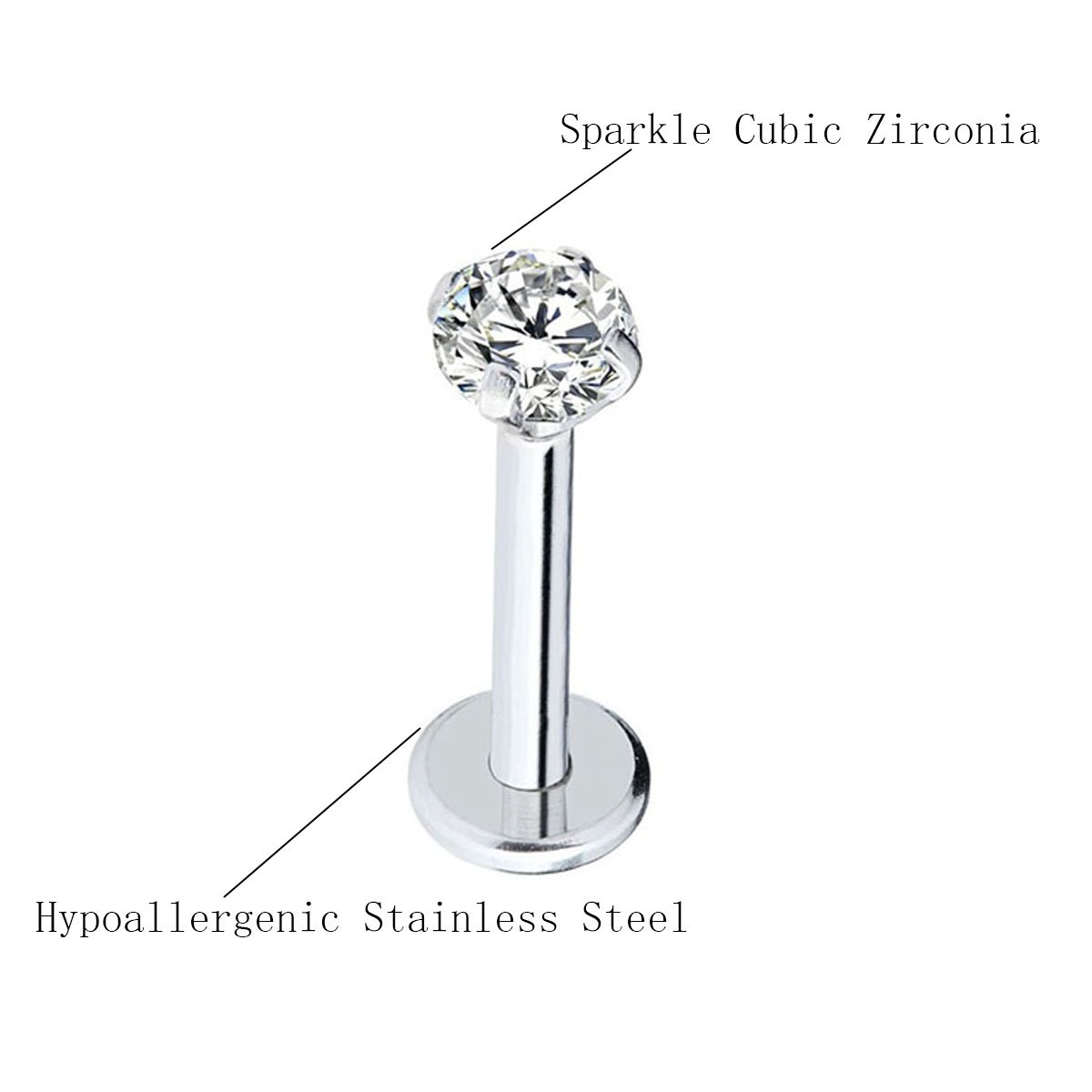 Injoy Jewelry 16G Stainless Steel 2-5mm Round Cubic Zircon Lip Studs Labret Monroe Nose Tragus Helix Ear Piercing Jewelry 6mm Bar Length, 4 Pairs