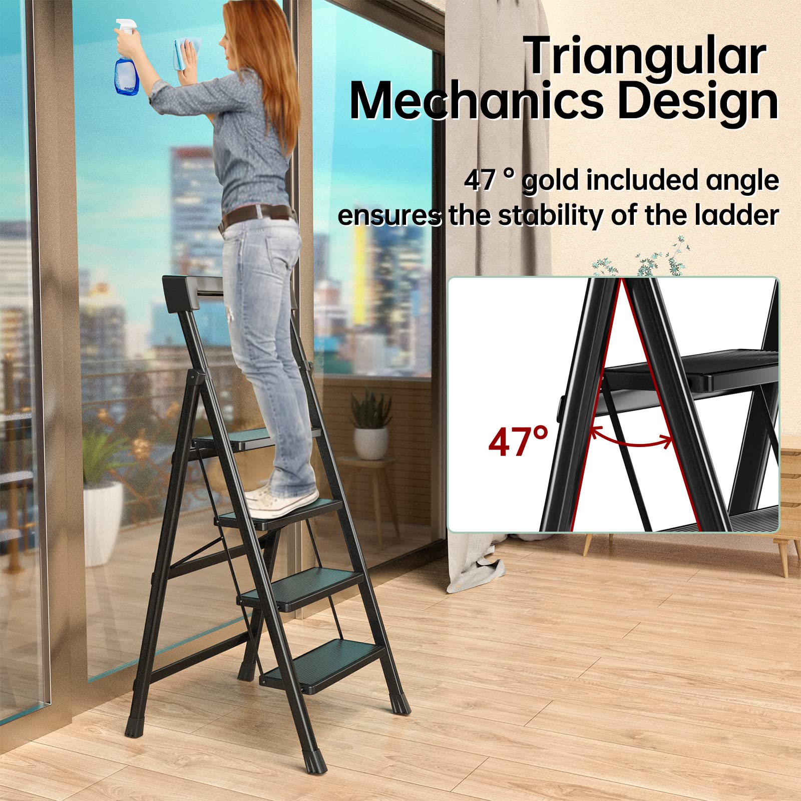 ZXMOTO 4 Step Ladder,Folding Step Stool with Tool Tray 300 lb Capacity, Sturdy Lightweight Aluminum, Portable Step Ladder Stool for Home, Library, Office, Garage