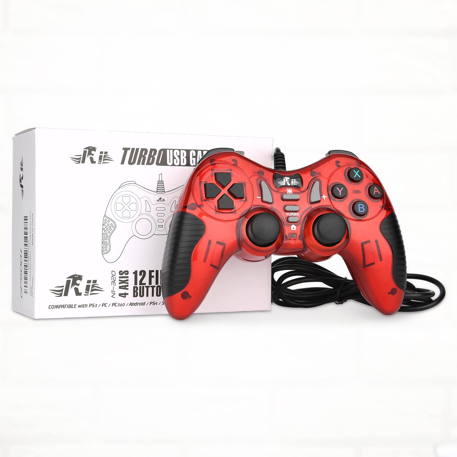 Rii Wired Gaming Controller,Multi-Platform Joystick Controller with Dual-Vibration/Turbo,Compatible for Windows PC/PS3/Android/Steam(Red)