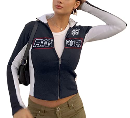 XPONNI Zip Up Jacket Blokecore Clothes Lightweight Trendy Y2k Cropped Jacket Women (S)