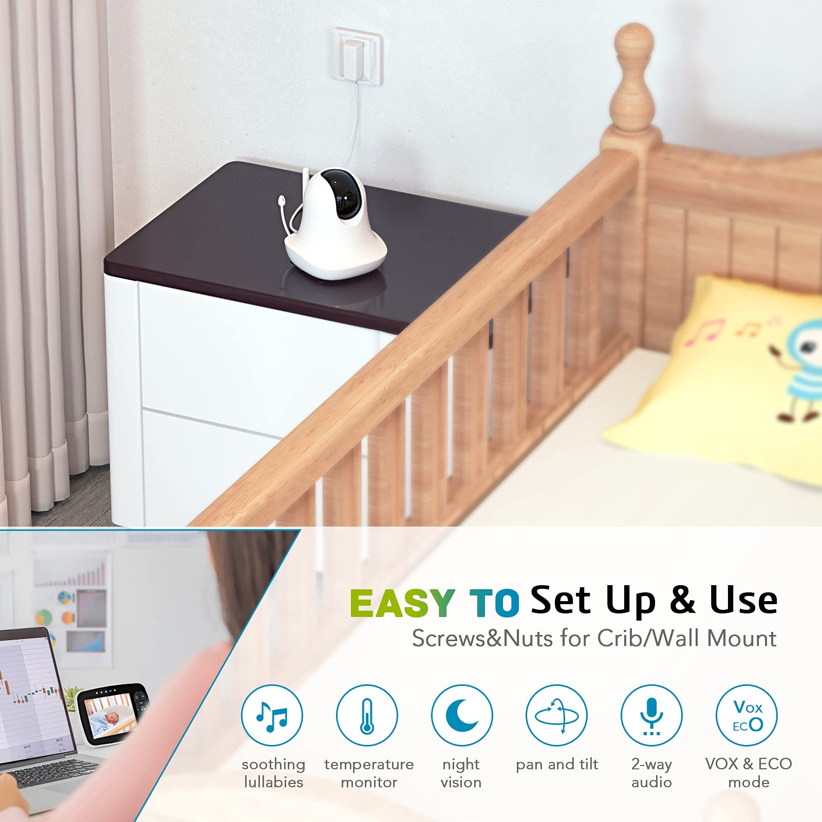tomvorks Baby Monitor, Baby Camera with Remote 360 Degree Rotation, Security Indoor Camera with Night Vision, VOX Function, 2-Way Talk, Timer Alarm and Lullaby, Supports Temperature Display