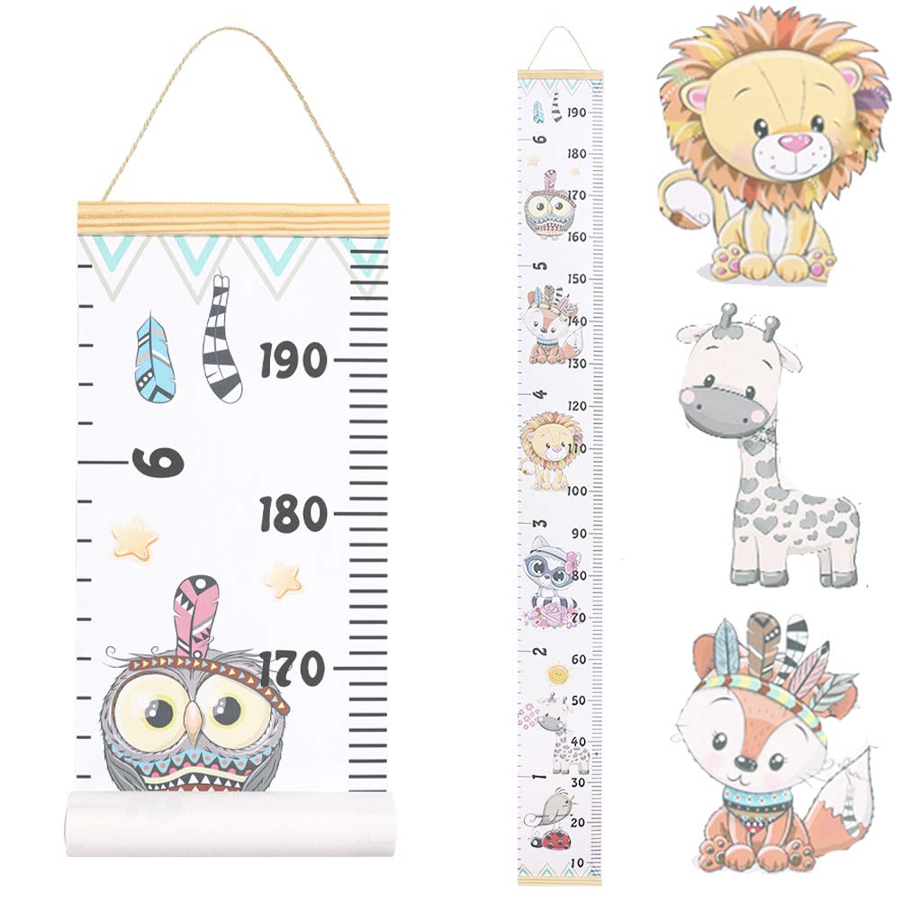 JJGoo Baby Growth Chart Hanging Ruler Wall Decor, Wood Frame Fabric Canvas Removable Height Measurement Ruler Wall Height Growth Chart for Kids Toddlers and Babies (Animal Pattern)