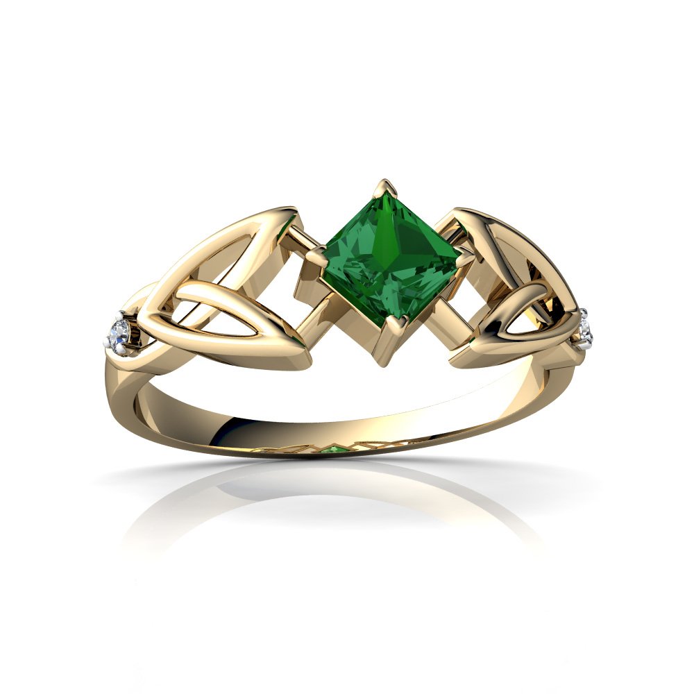 Jewels For Me 14kt Yellow Gold Lab Emerald and Diamond 4mm Square Celtic Trinity Knot Ring - Size 7