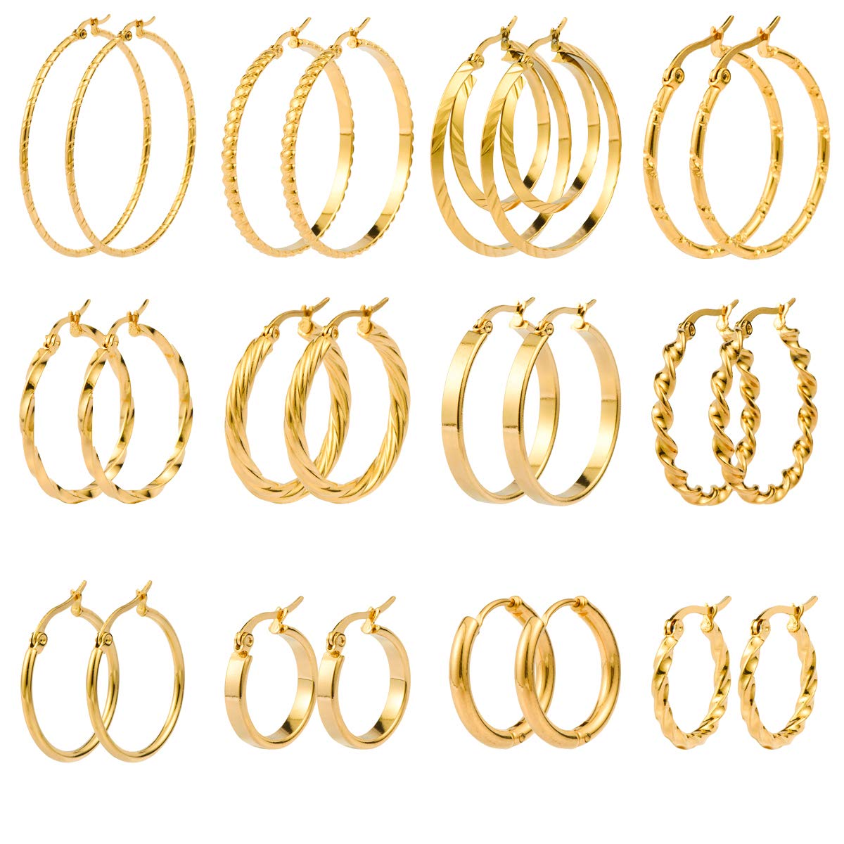 Jinxiuge 12 Pairs Gold Hoop Earrings Set Stainless Steel Twisted Round Small Chunky Hoop Earrings for Women Teen