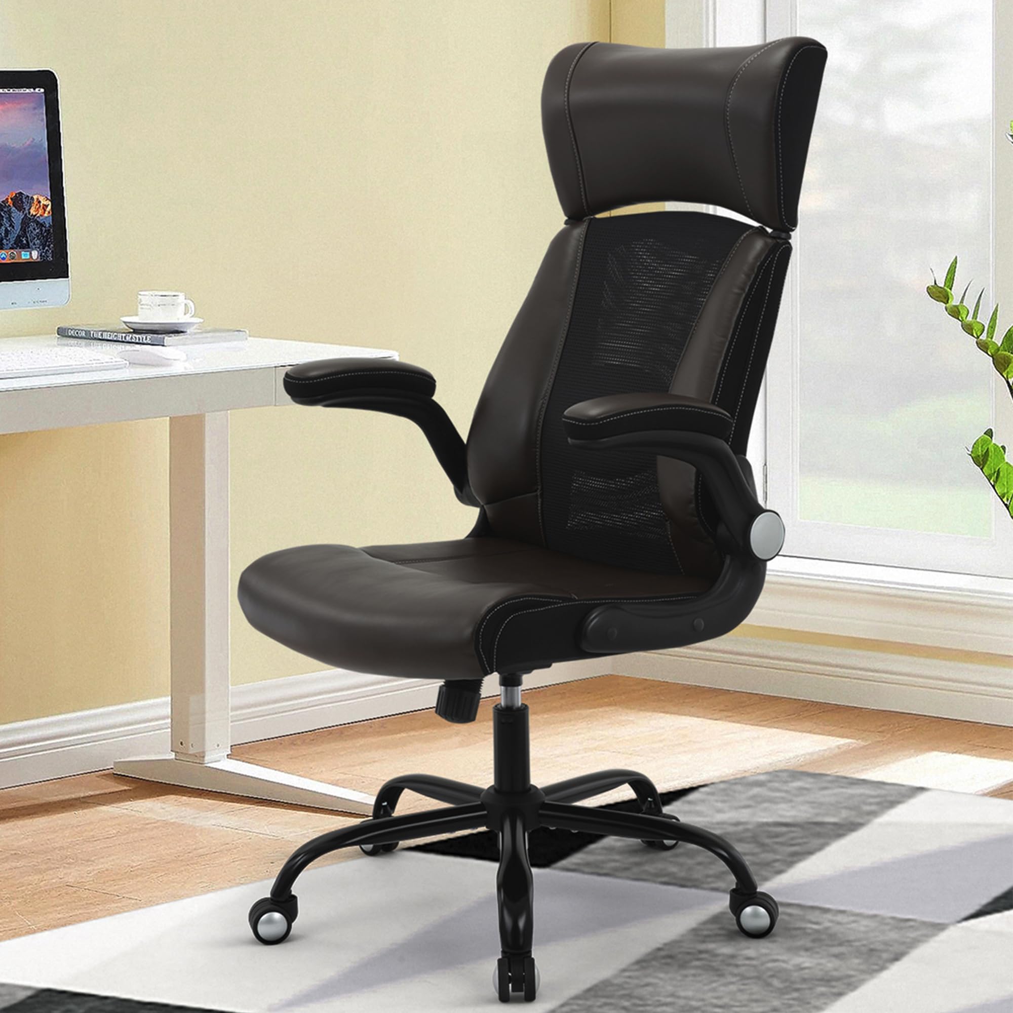 HOME OFFICE CHAIR, Ergonomic Desk Chair with Flip-Up Arm, Office Mesh Chair Leather Computer Chair High Back with Lumbar Support Executive Height Adjustable Rolling Swivel Task