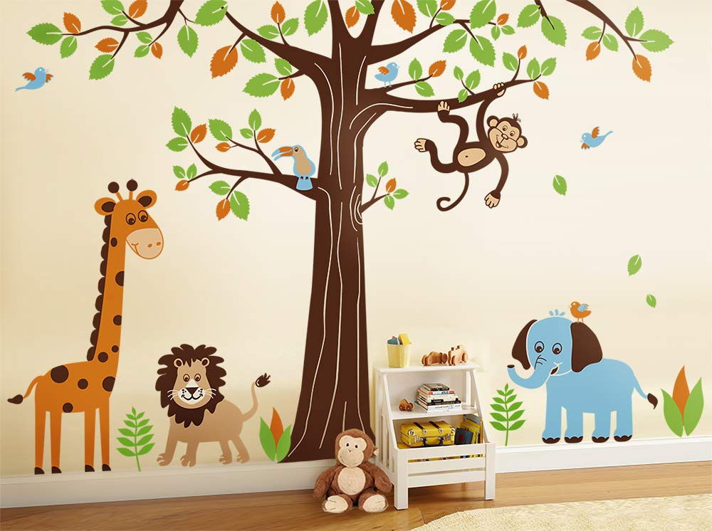 Jungle Safari Animals with HUGE Tree Wall Decal Set, Lion Elephant Monkey Giraffe Nursery Kids Decal Sticker Baby Room Art