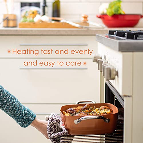 Moss & Stone Copper 6 Piece Set Chef Cookware, Non Stick Pan, Deep Square Pan, Fry Basket, Steamer Tray, Dishwasher & Oven Safe, 5 Quart Copper Pot Set, Copper Induction Cookware Set
