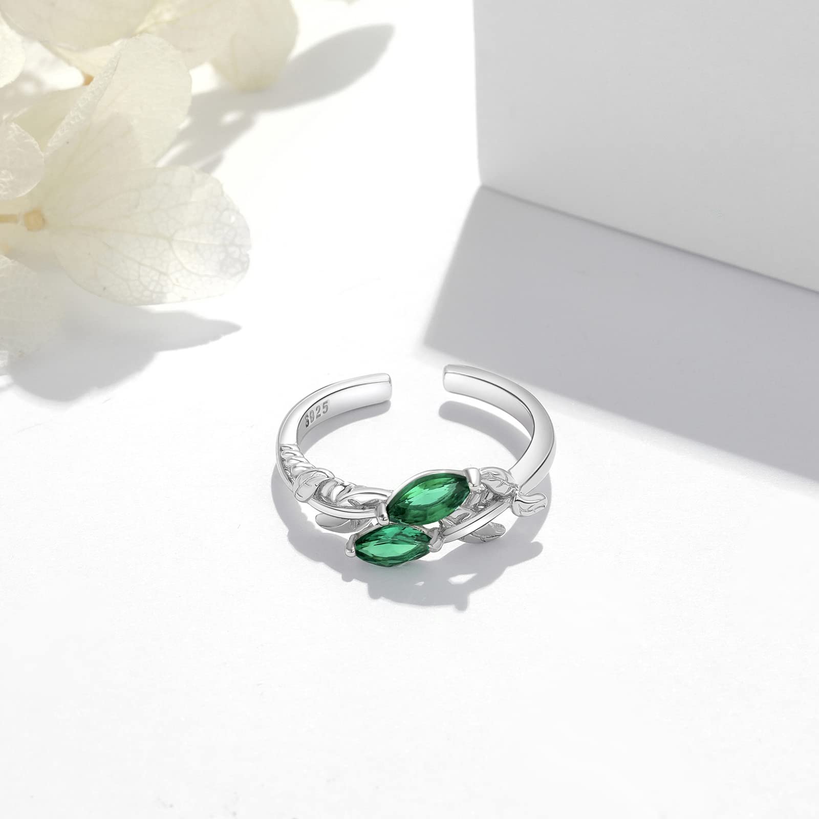 PRAYMOS Leaf Rings 925 Sterling Silver Cubic Green Zircon Adjustable Open Leaf Ring Handmade Jewelry Women's Wedding Engagement Ring