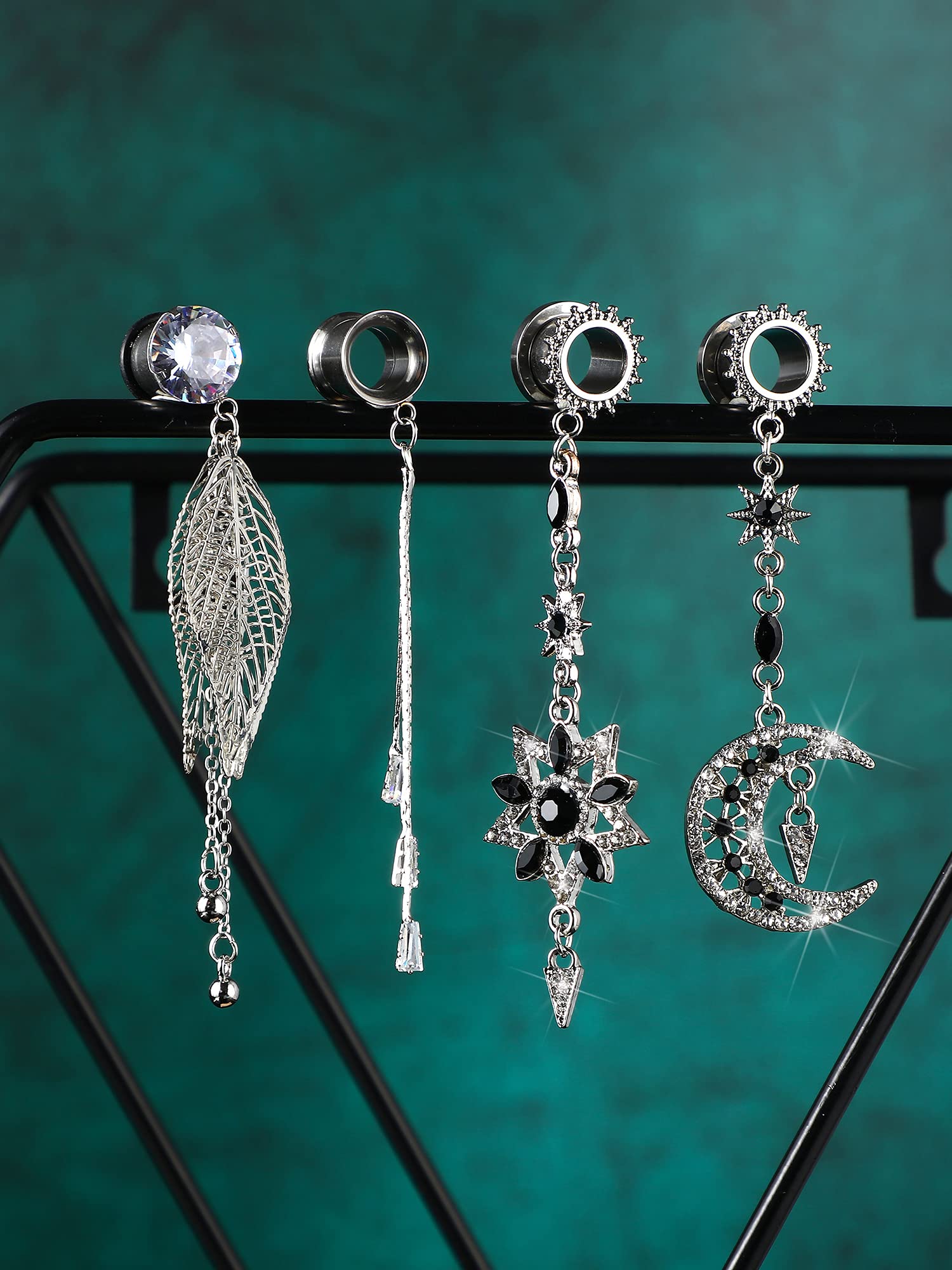 Loviflower 4 Pairs 10 mm Gauges Dangle Chain Tunnels Leaf Moon Star Dangle Ear Tunnel Plugs
