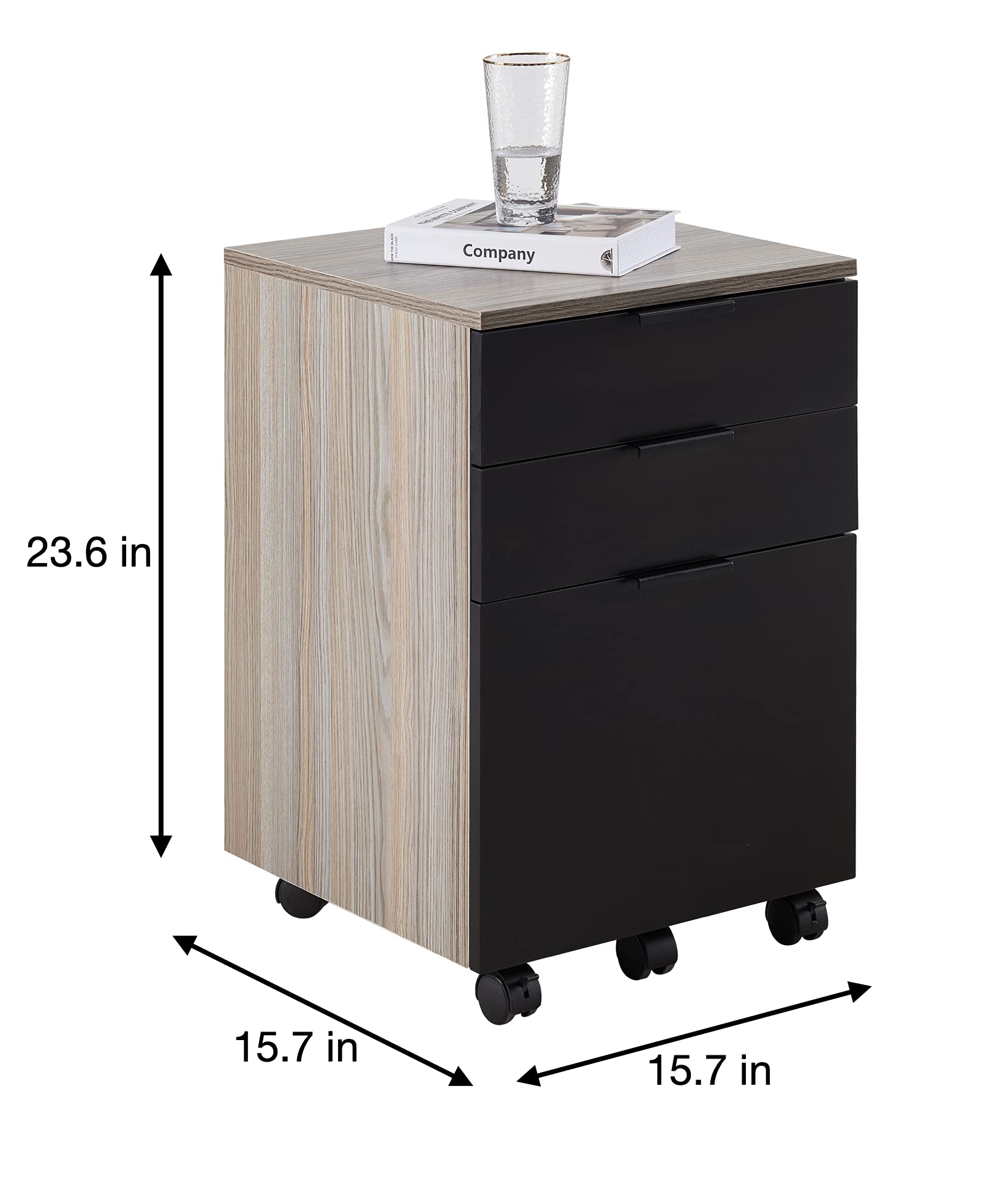 JJS 3 Drawer Rolling Wood File Cabinet with Locking Wheels, Home Office Portable Vertical Mobile Wooden Storage Filing Cabinet for Letter Size, Black