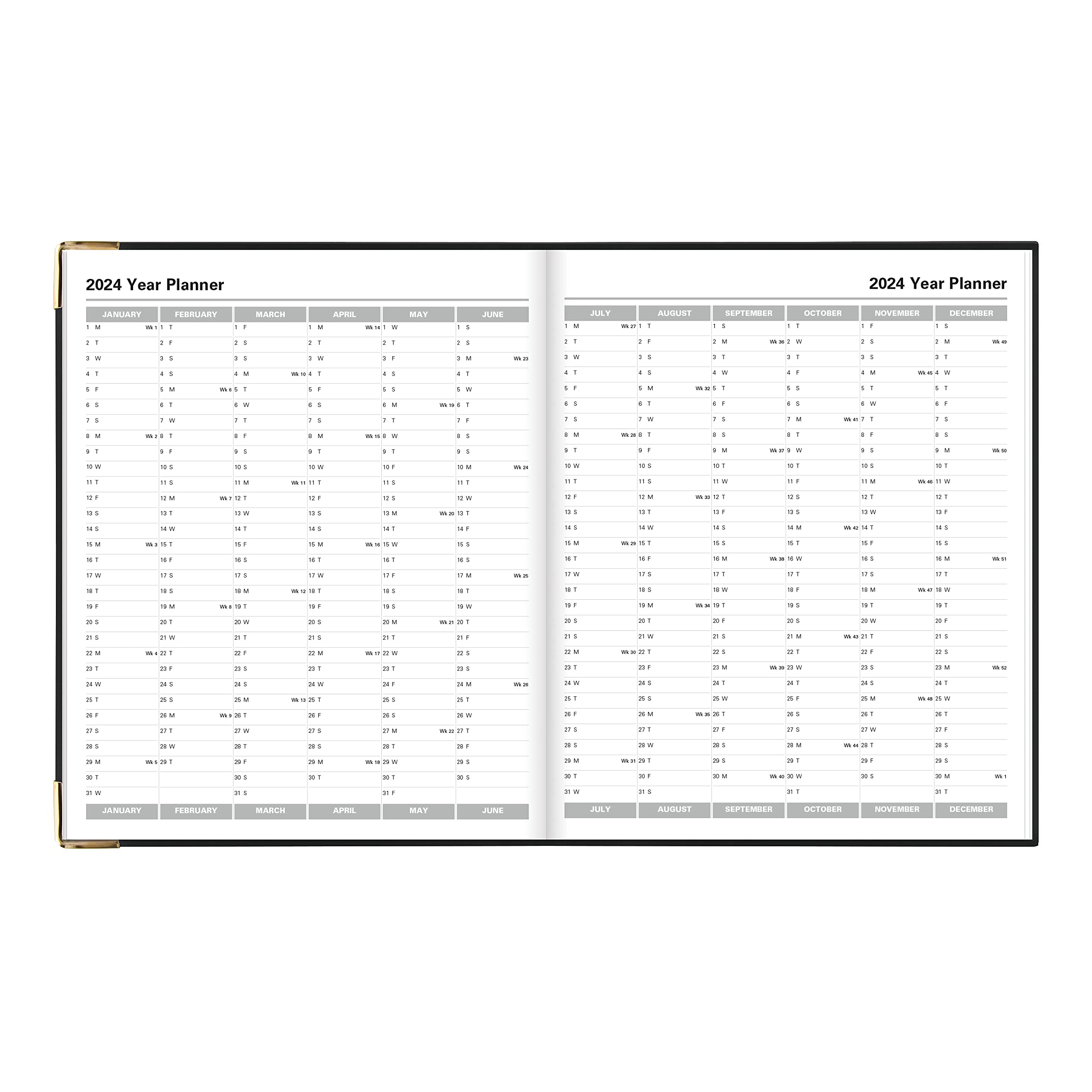 Letts of London Roma Weekly Planner, 12 Months, January to December, 2024, Italian Leather, Quarto Size, 10.25" x 8.25", Black (C33YIBK-24)