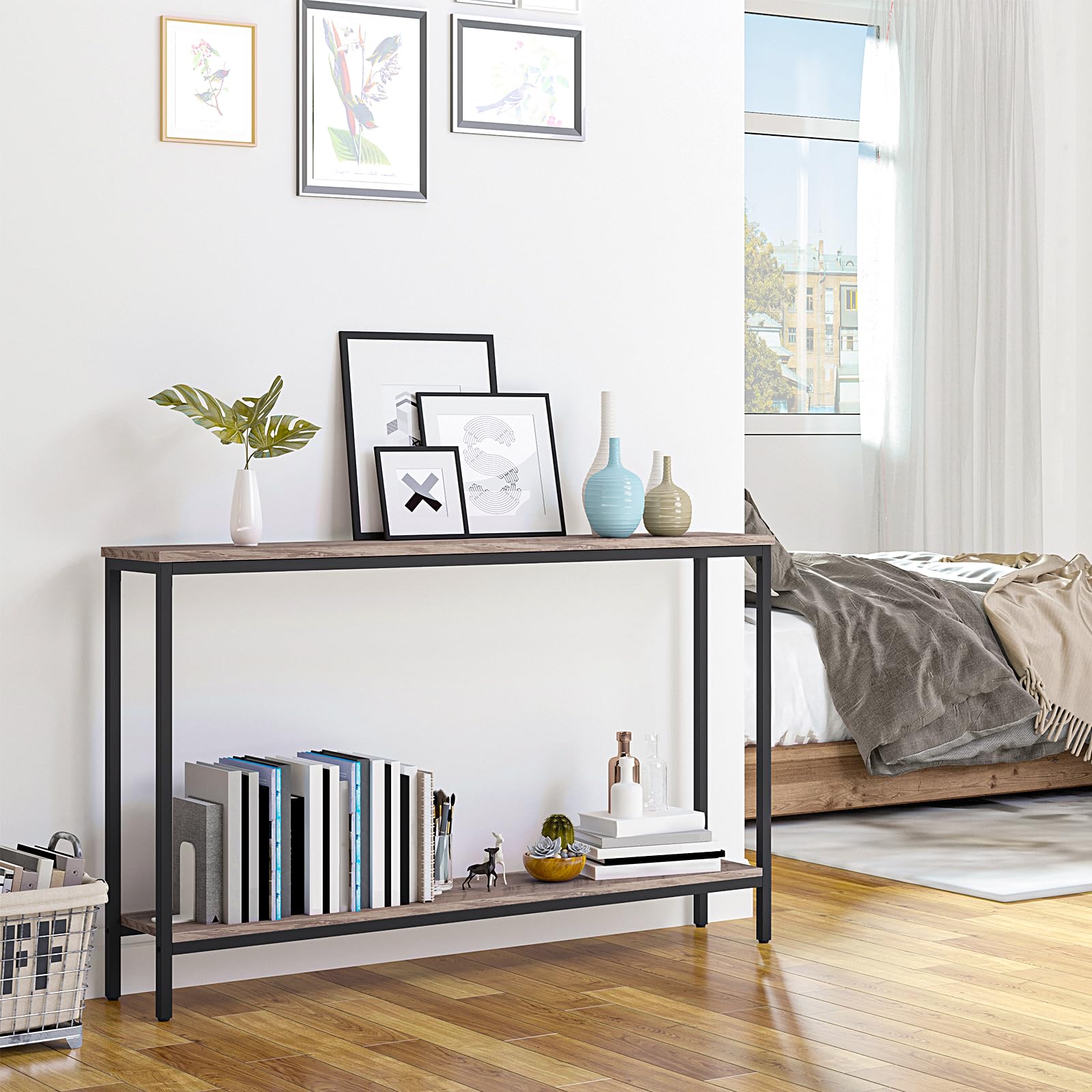 HOOBRO Console Table, Narrow Long Entryway Table, 2-Tier Sofa Table with Open Storage Space, Modern Industrial Hallway Table, for Living Room, Corridor, Foyer, Entrance, White and Gold DW20XG01G1