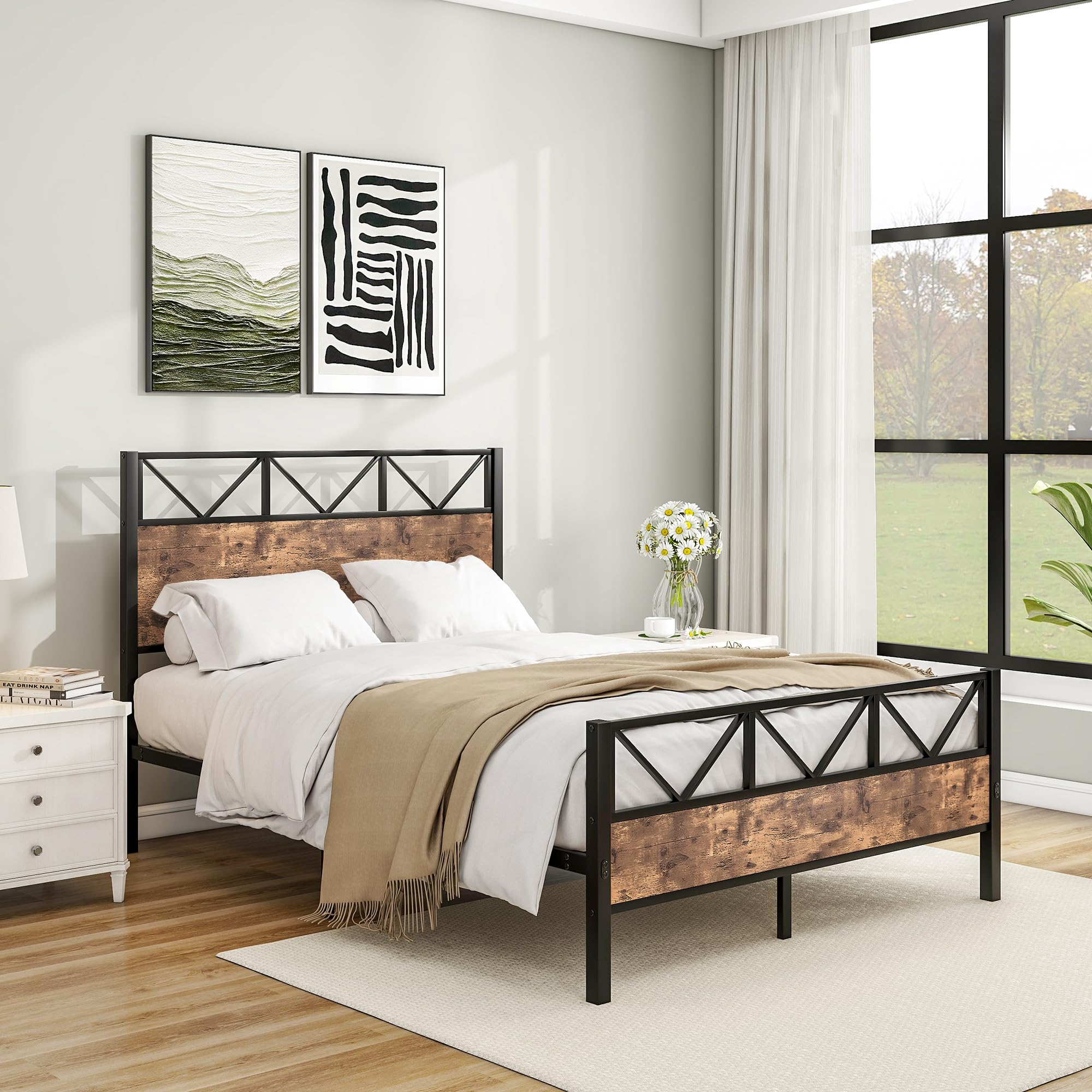HOJINLINERO Full Size Bed Frame with Tall Wood Headboard/Heavy Duty Platform Bed Frame Full Size No Box Spring Needed/Enhanced Support Leg Mattress Foundation,Noise Free,Easy Assembly,Black