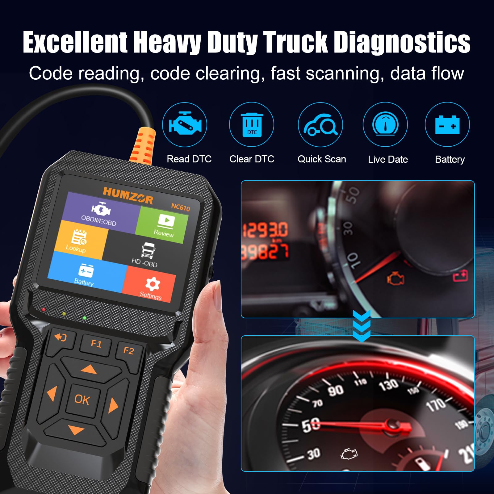 HUMZOR NC610 OBD2 Scanner,Car/Heavy Duty Truck Scanner Car Code Reader Diesel Diagnostic Tool, Full OBDII Function - 2 in 1 Auto & Truck Engine Light Clear Check Fault Diagnostic Scan Tool.