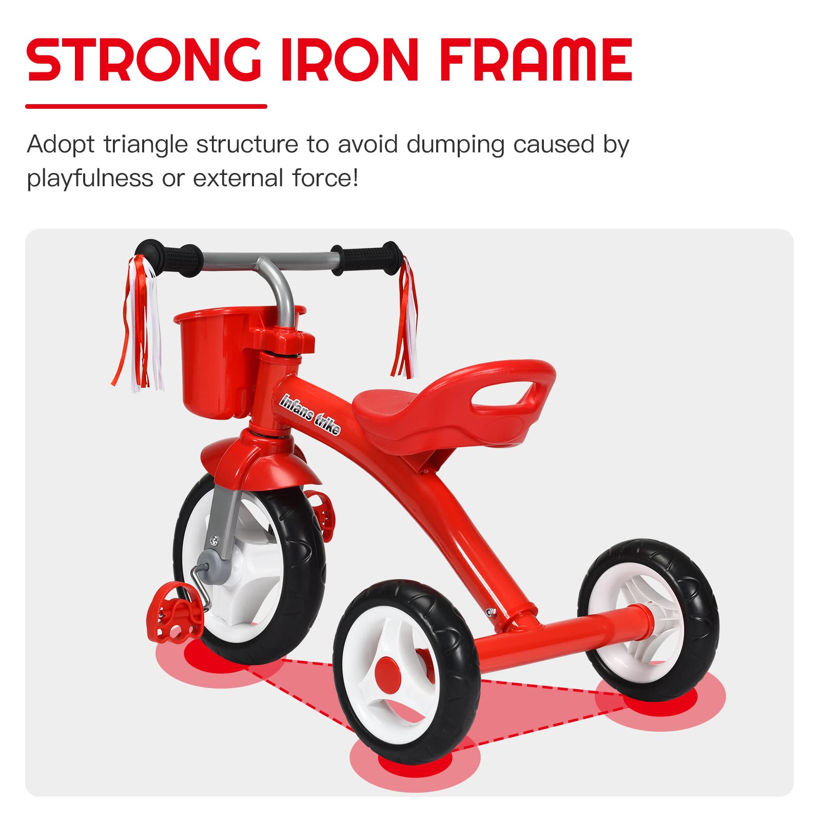 INFANS Kids Tricycle Rider with Adjustable Seat, Storage Basket, Premium Quiet Wheels, Non-Slip Handle (Red)