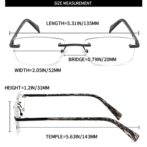 JJWELL 3 Pack Reading Glasses for Men Blue Light Blocking, Lightweight Rimless Metal Mens Eyeglasses Readers, Anti Eyestrain/Dryness/Computer Glare/UV 400, Spring Hinge Eyeglasses(200 Strength)