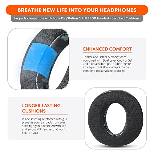 WC Freeze PS5 - Hybrid Fabric Cooling Gel Replacement Earpads for Sony Playstation 5 PS5 Pulse 3D Headphones Made by Wicked Cushions, Improved Durability, Thickness and Sound Isolation | Black Camo