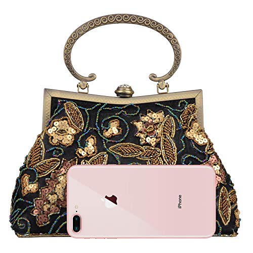 KISSCHIC Women's Vintage Sequins Beaded Evening Bag Handbag Wedding Clutch Handle Bag Formal Hand Bag (Black)