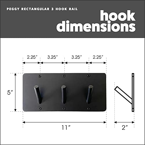 Wall Coat Hooks - Peggy Rectangular 3 Hook Rail - Pack of 1 - Matte Black Finish. Heavy Duty Metal Hooks with screws for Hanging Coats, Robes, Backpack, Towel, Keys. Hooks for College Dorm.
