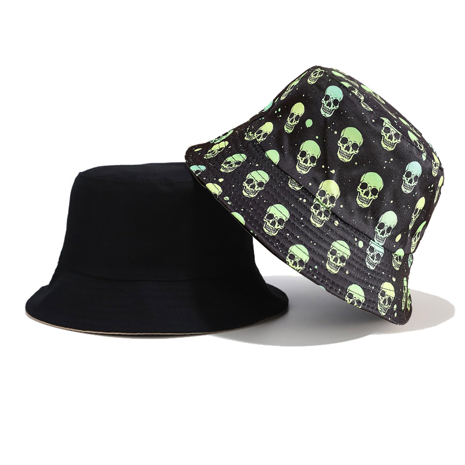 IHAUIUE Skull Print Bucket Hat Halloween Pattern Fisherman Cap Reversible Packable Sun Hats for Women, Men, Small Green Skull